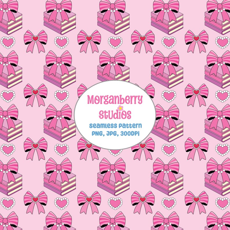 Pink Coquette Bow Book Stack Seamless Pattern | Girly Book Lover Design ...