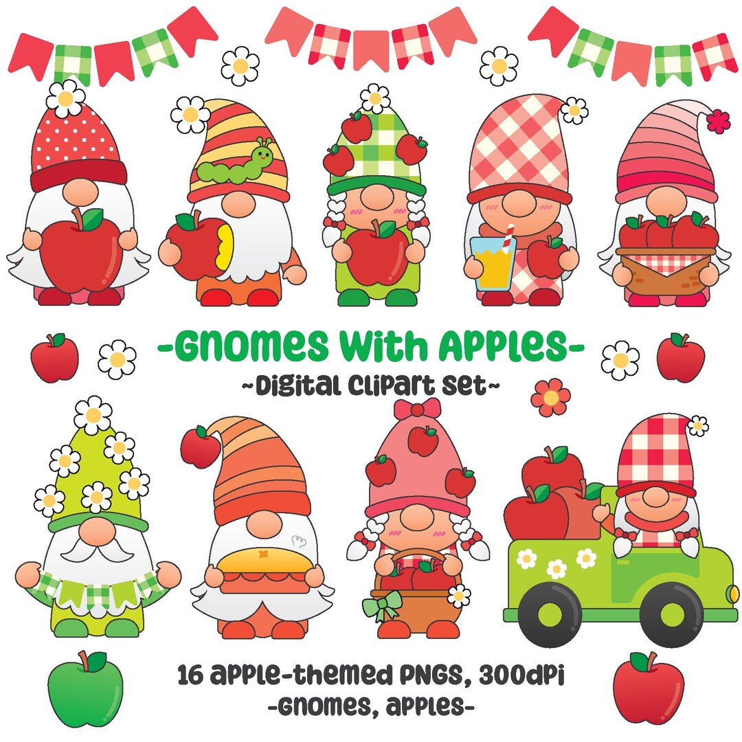 Cute Apple Gnomes Clipart for Sublimation, Apple Clipart, Spring Gnome ...