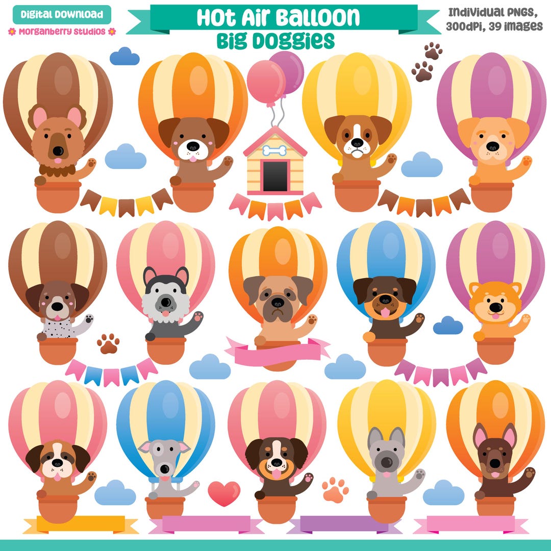 Cute Doggie Clipart, Cute Puppy in Hot Air Balloon, Dog Birthday ...