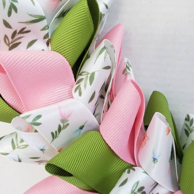 16 Inch Spring/easter Pink Green Floral Leaf Ribbon Wreath - Etsy