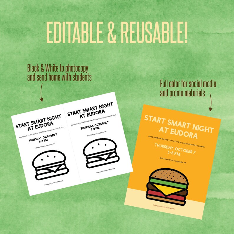 Food Night Fundraiser Event Flyers | PTO | PTA | School Event ...