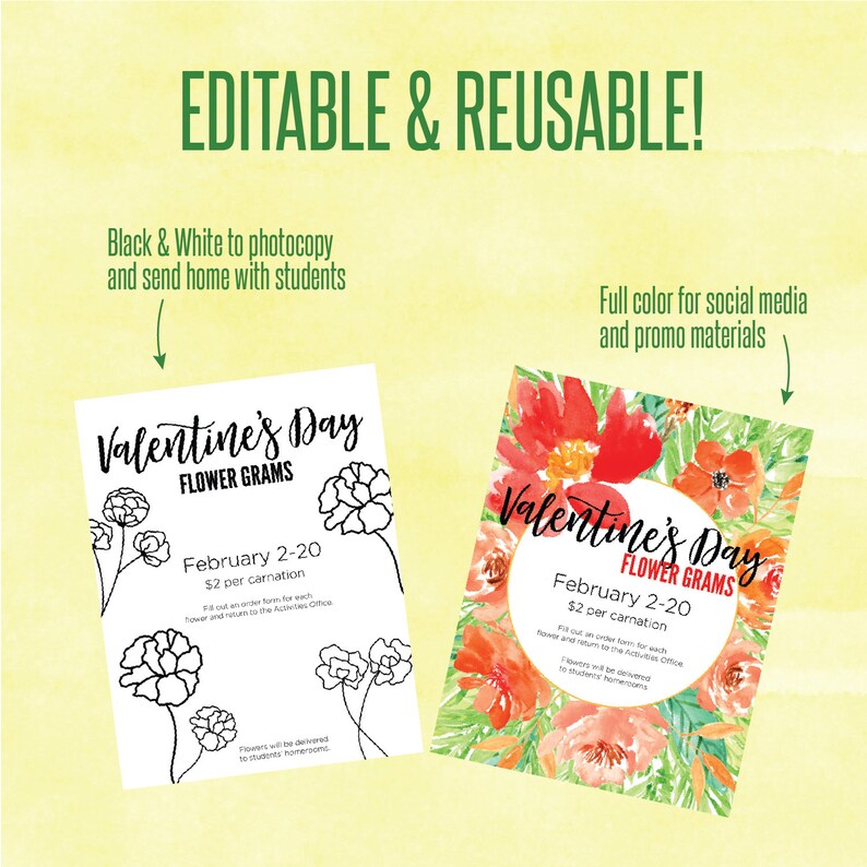 Valentine's Day Flower Grams Event Flyers | PTO | PTA | School Event ...