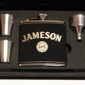 Jameson Black Leather 6 Oz Stainless Steel Flask in an Engraved Black ...