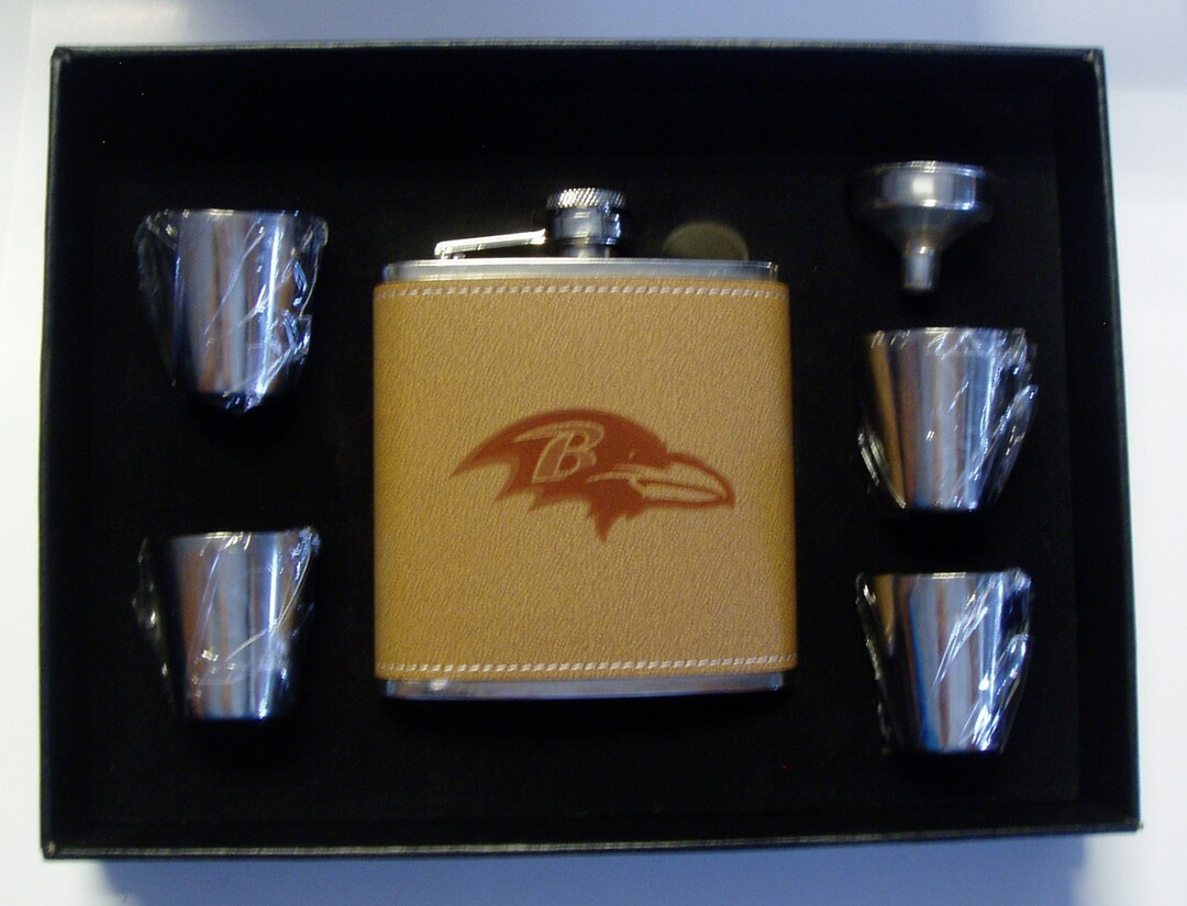 Baltimore Ravens Engraved Leather 6 Oz Stainless Steel Flask With 4 ...