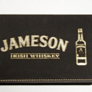 Jameson Black Leather 6 Oz Stainless Steel Flask in an Engraved Black ...