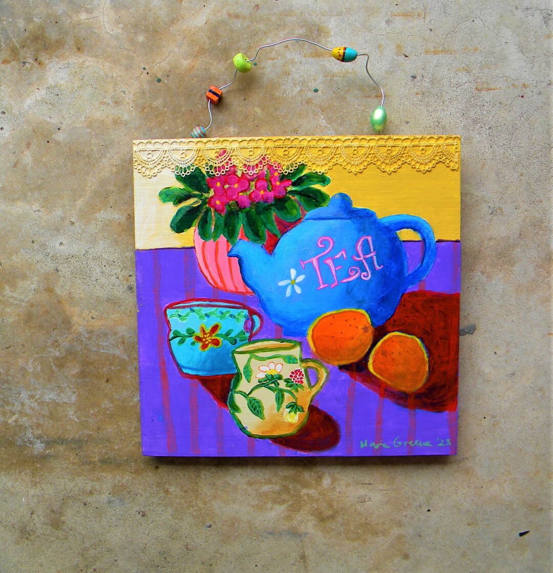 Colorful Whimsical Still Life With Teapot and Oranges - Etsy