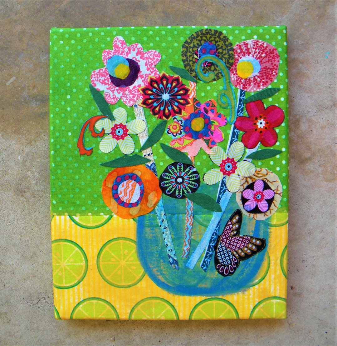 Fabric Collage Art, Flower Vase on a Table - Etsy