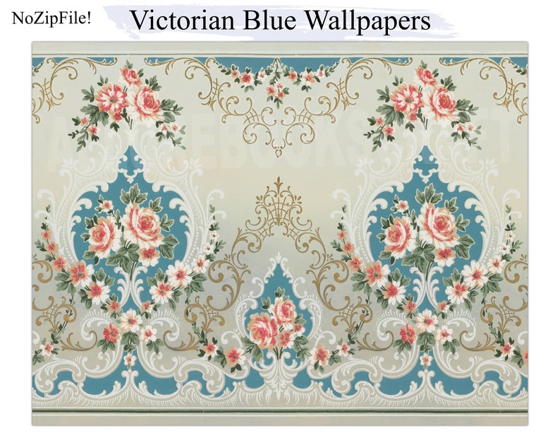 Vintage Wallpaper Blue, Ornate Regency Digital Victorian Antique ...