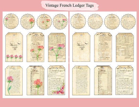 Vintage French Ledger & Flower Tags Ephemera Junk Journal | Etsy