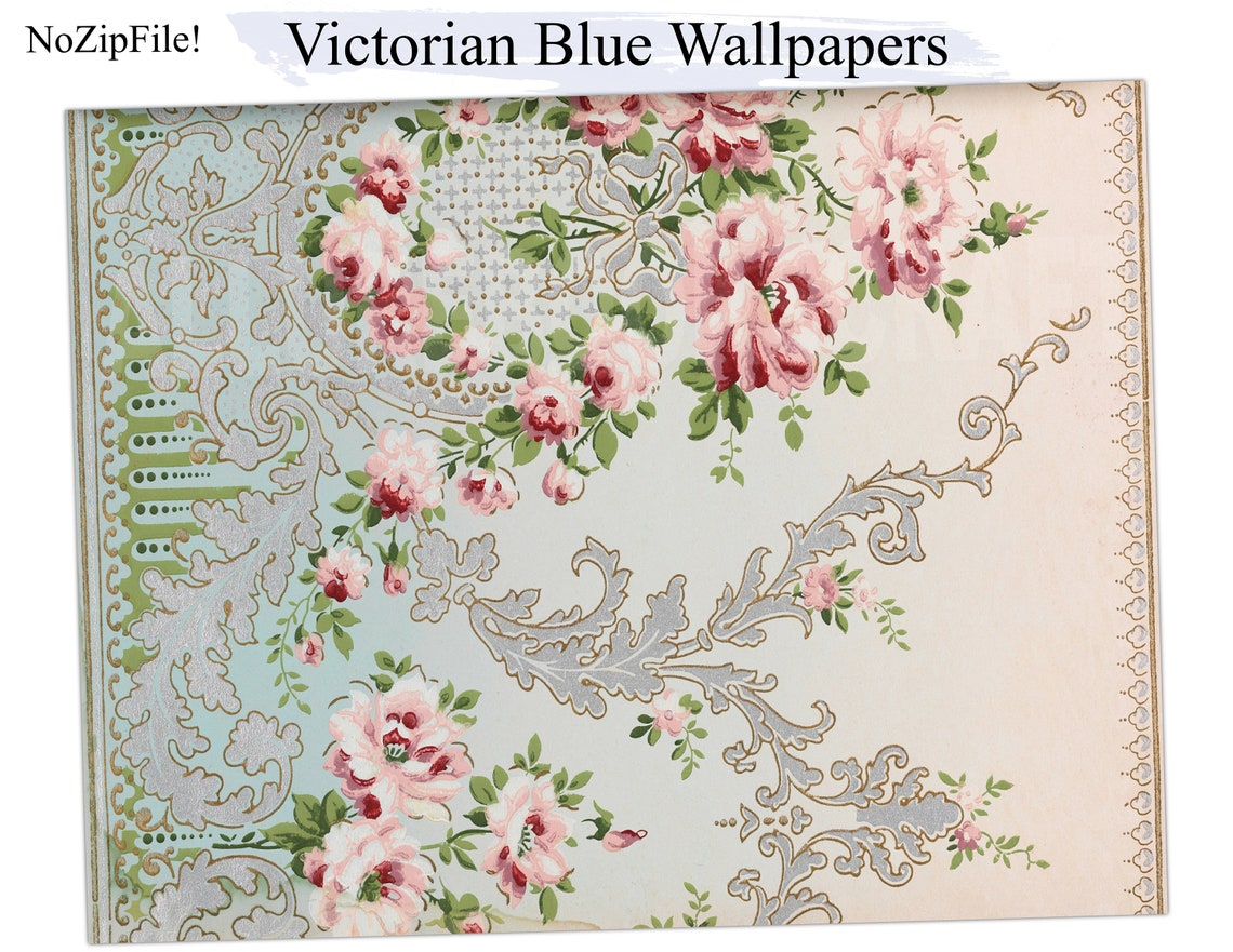 Vintage Wallpaper Blue, Ornate Regency Digital Victorian Antique ...