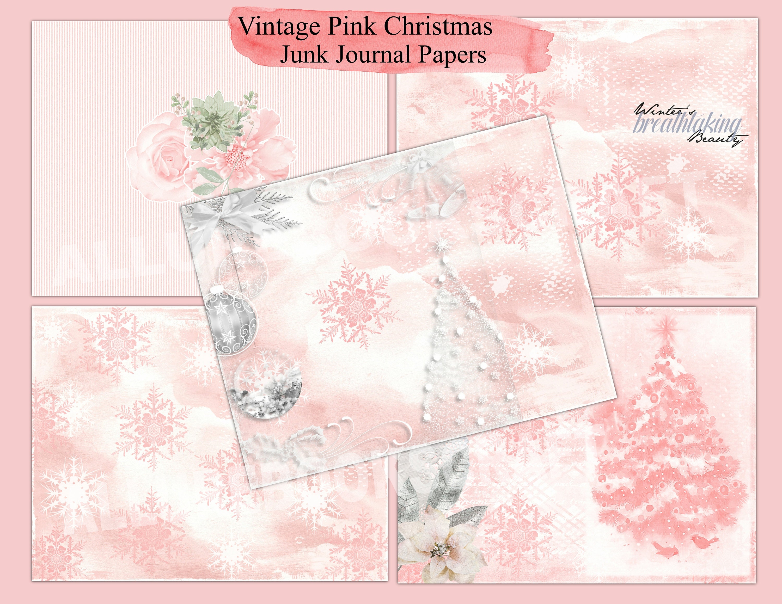 Vintage Pink Christmas Journal Paper 5 Junk Journal Pages - Etsy