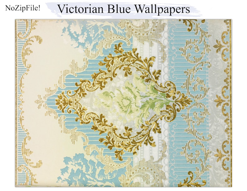 Vintage Wallpaper Blue, Ornate Regency Digital Victorian Antique ...