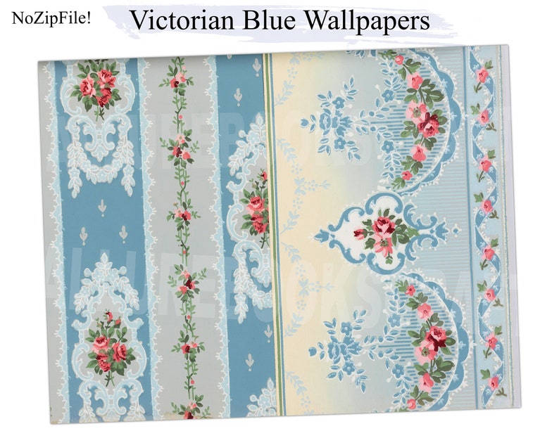 Vintage Wallpaper Blue, Ornate Regency Digital Victorian Antique ...