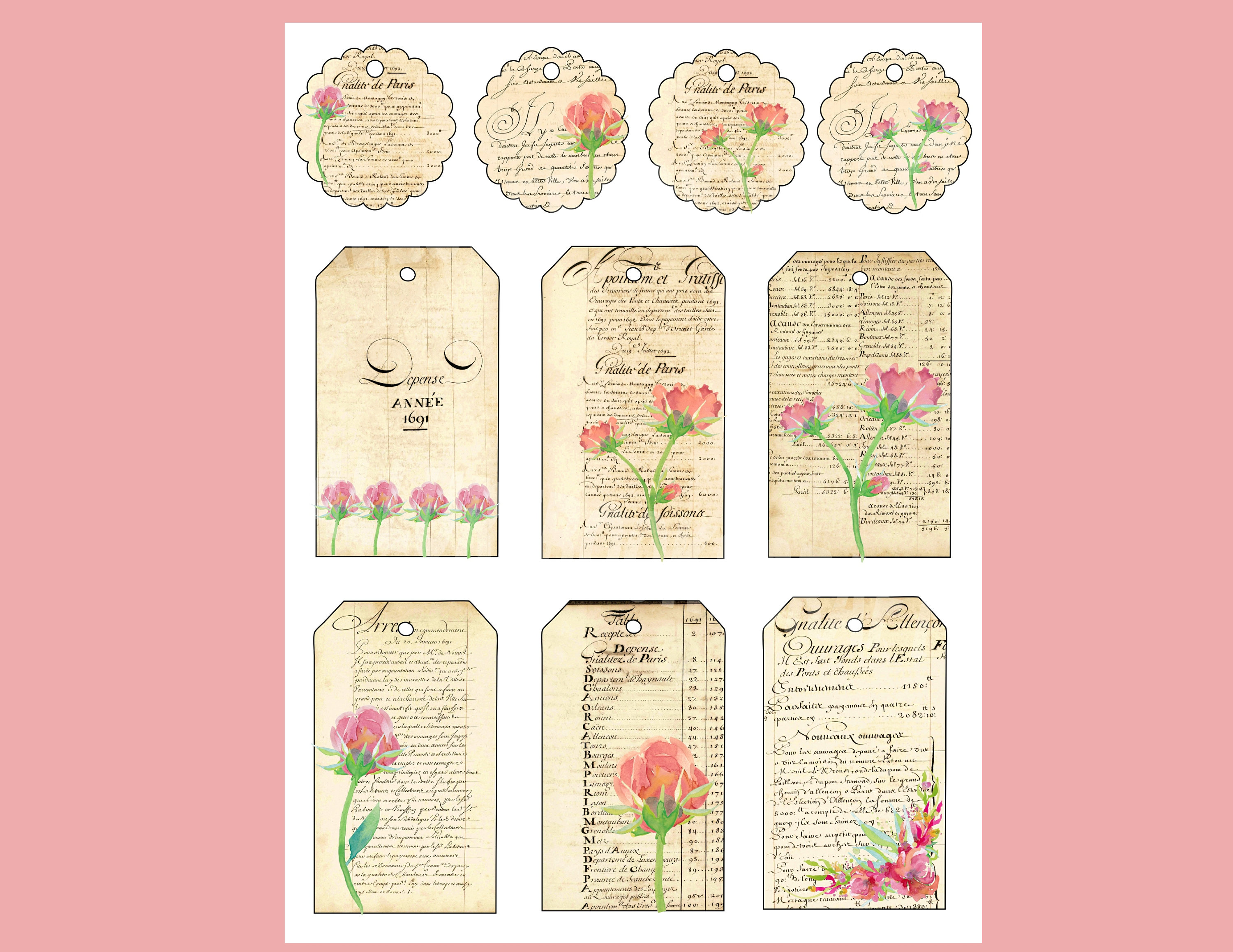 Vintage French Ledger & Flower Tags Ephemera Junk Journal - Etsy