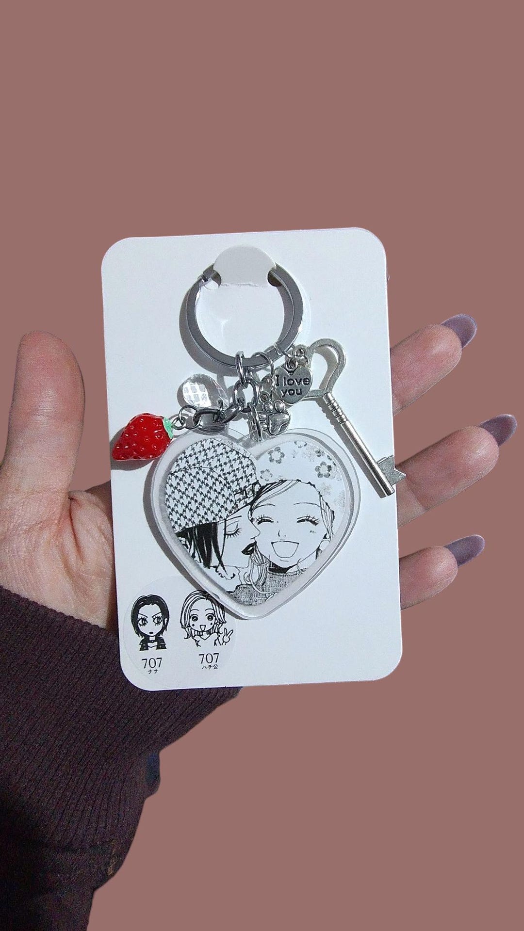 Nana and Hachi Heart Keychain With Strawberry Charm - Sweet and ...