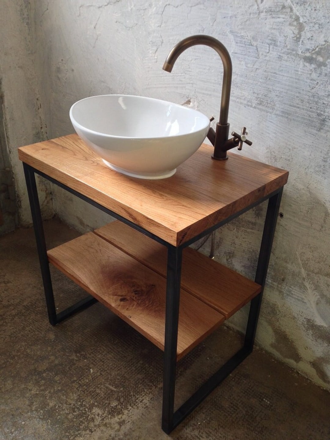 Oak Washbasin With Steel Frame and Shelf Completely Customizable - Etsy
