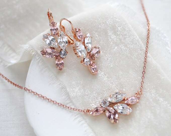 Rose Gold Bridal Jewelry, Crystal Necklace and Earrings, Vintage Rose ...