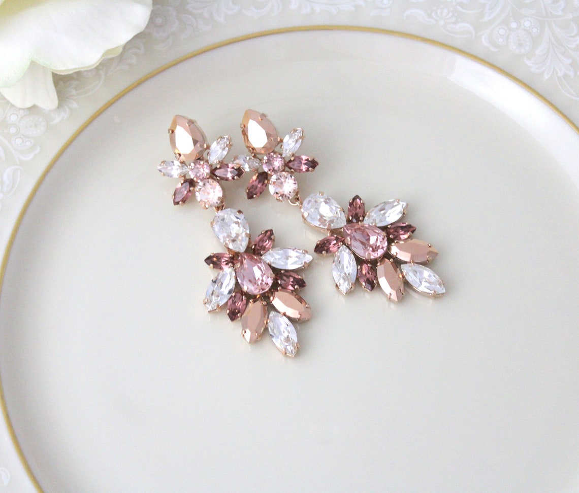 Rose Gold Statement Earrings Crystal Wedding Earrings Bridal - Etsy