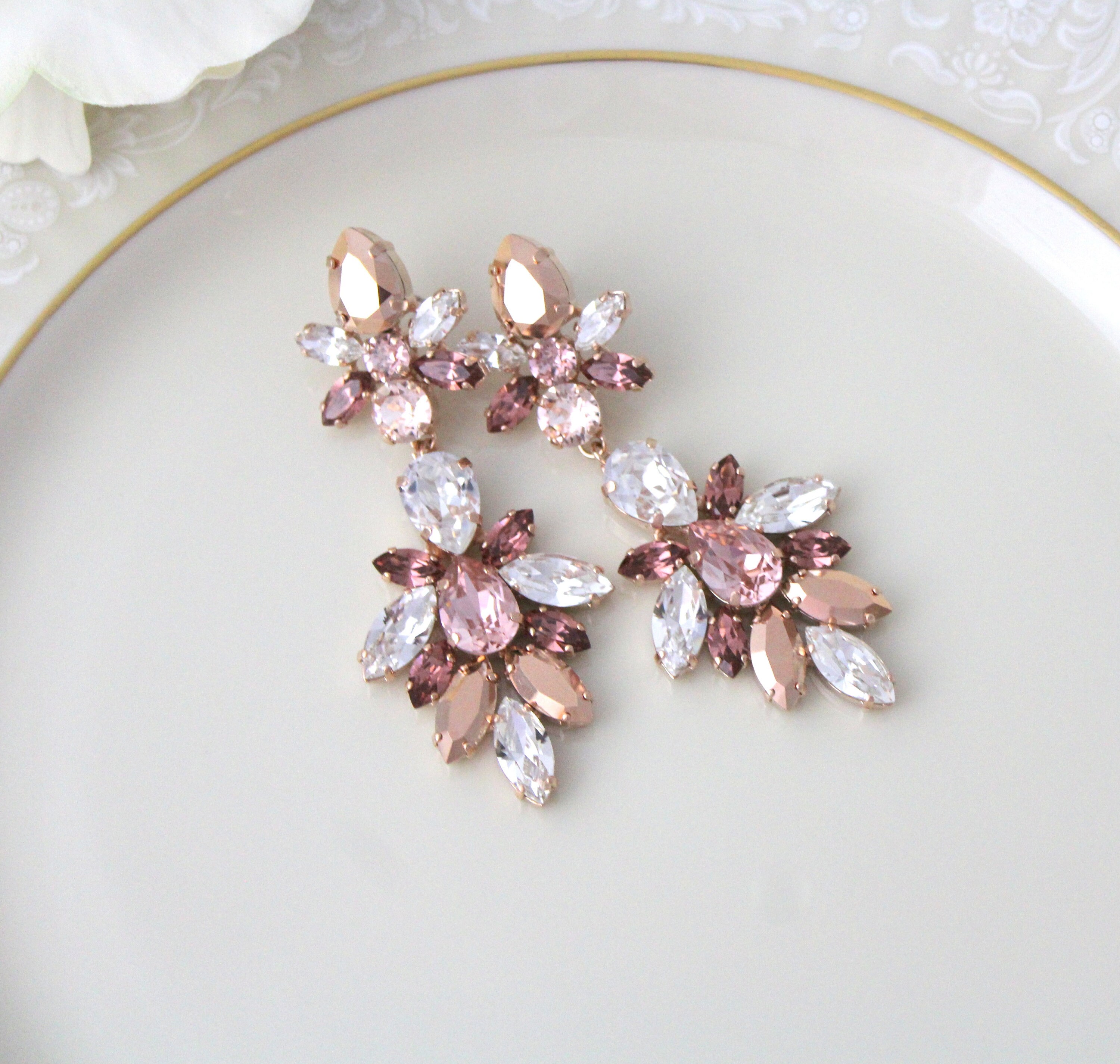 Rose Gold Statement Earrings Crystal Wedding Earrings Bridal - Etsy