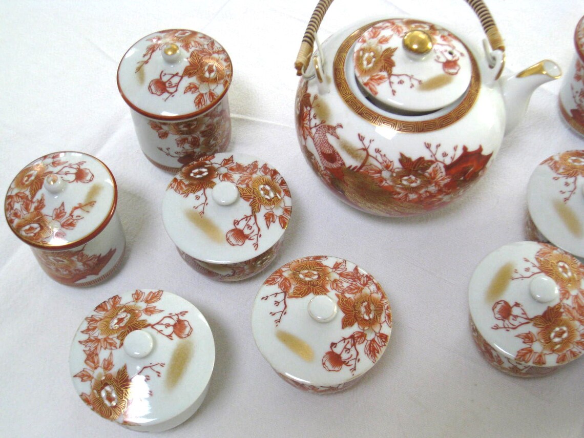 Kutani Yaki Japanese Tea Set Red Peacock & Peonies Teapot W/lid, 10 Tea ...