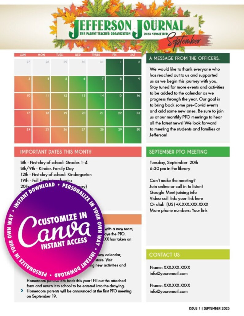 Editable September PTO PTA Newsletter Flyer, Fall Newsletter Template ...