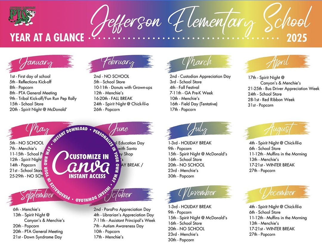 Customizable Bright Editable 2025 2026 Year at A Glance Calendar, Flyer ...