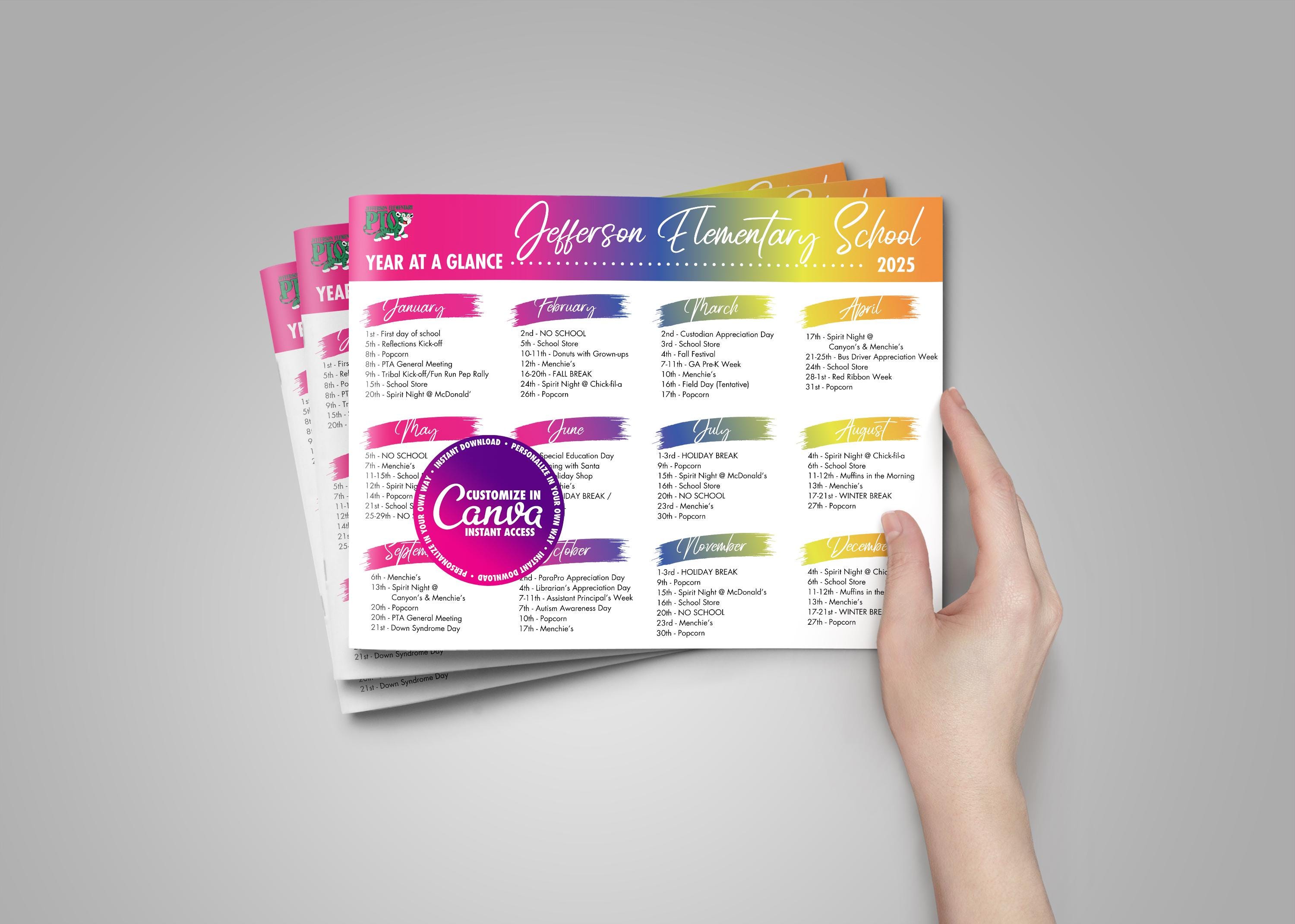 Customizable Bright Editable 2025 2026 Year at A Glance Calendar, Flyer ...