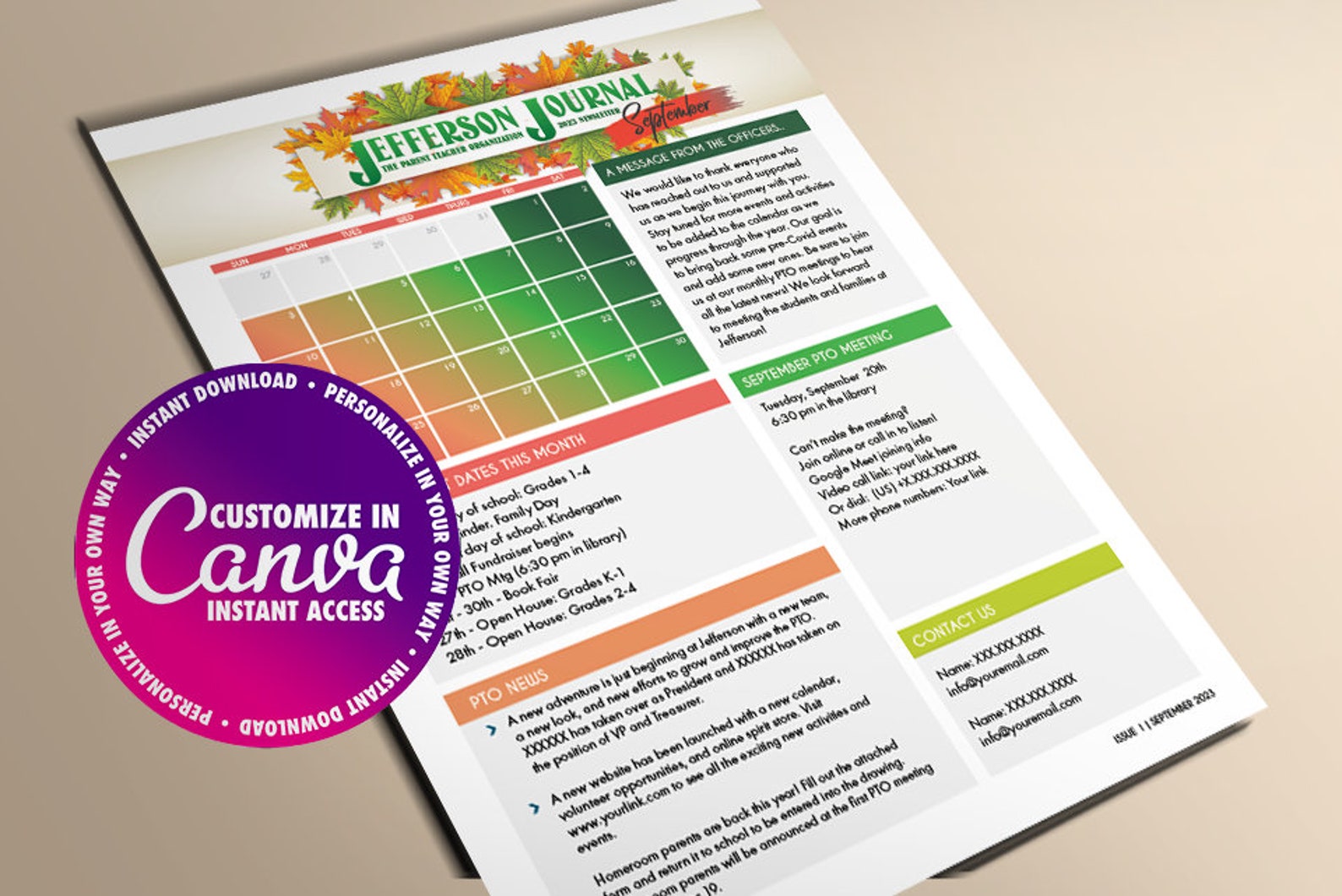 Editable September PTO PTA Newsletter Flyer Fall Newsletter - Etsy