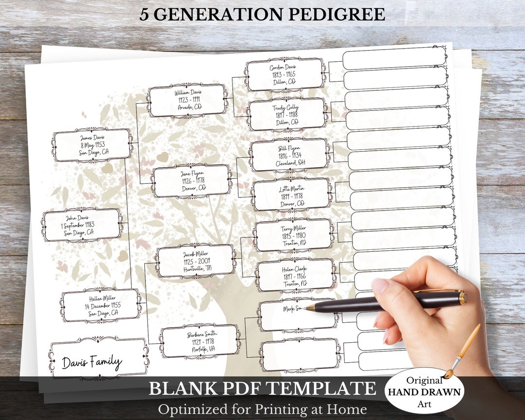 PDF Family Tree Template 5 Generations Genealogy Chart Easy Print at ...
