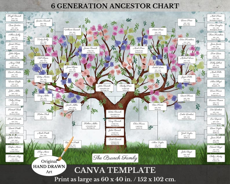 Hand Illustrated Family Tree ~ 6 Generation Canva Template ~ Genealogy ...