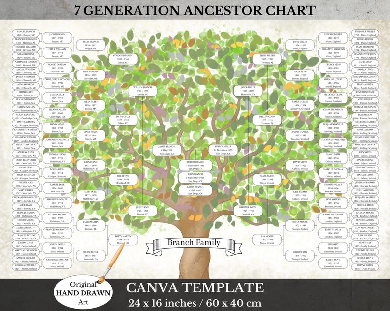 Family Tree Poster ~ 7 Generation Pedigree ~ Genealogy Template ~ LODEY ...
