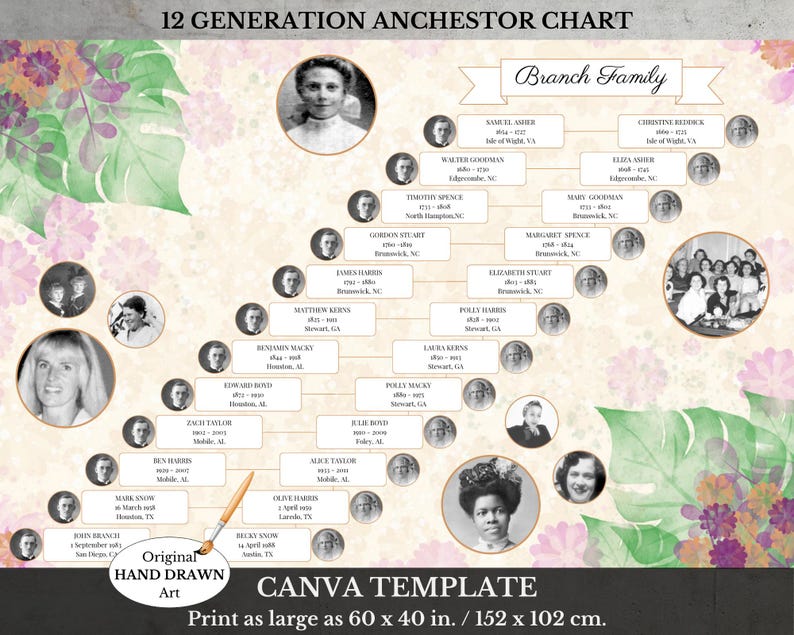 Family Tree Surname Chart ~ 12 Generation Ancestor Pedigree ~ Lineage ...