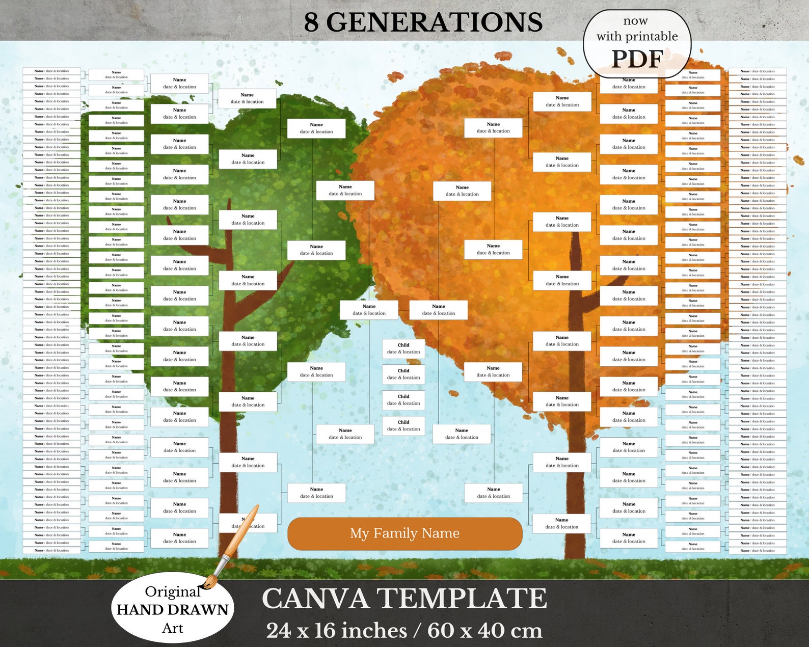 Hand Drawn 8 Generational Printable Family Tree Genealogy Tree of Life ...