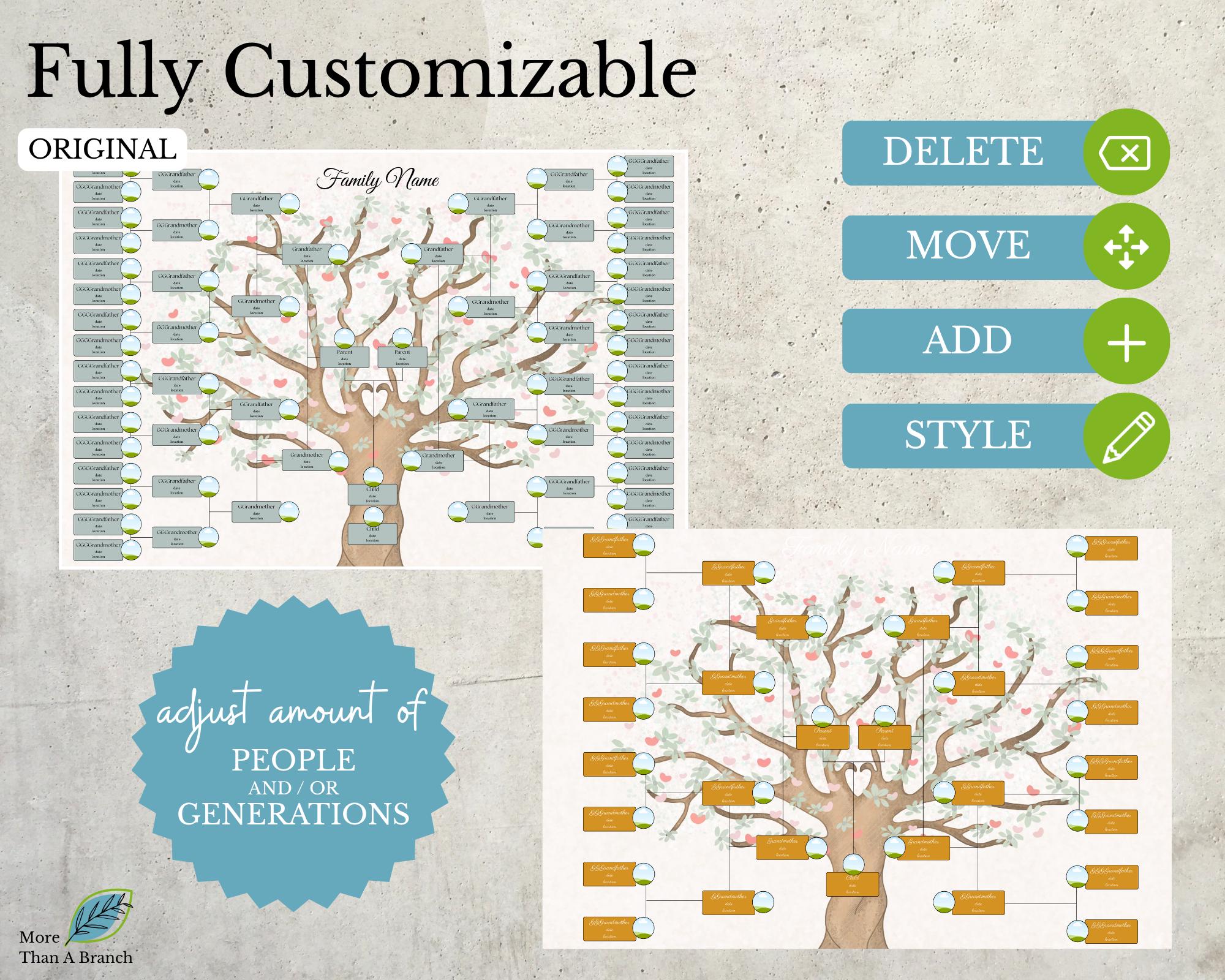 Blank Family Tree Chart ~ Ancestry Template ~ Customizable in Canva ~ 6 ...