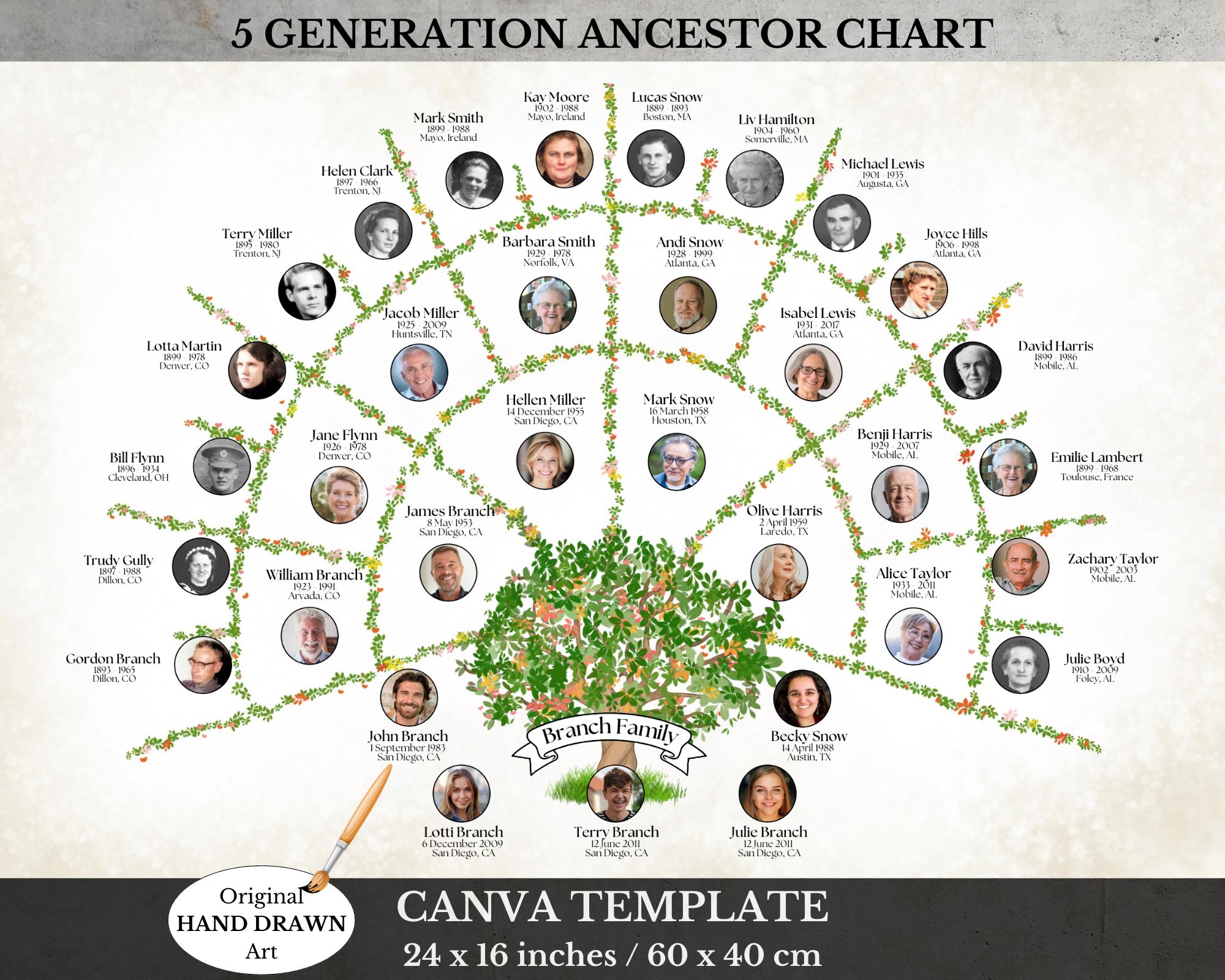 Genealogy Fan Chart ~ 5 Generations With Photos ~ Canva Template ...