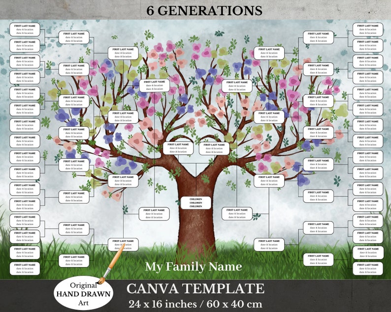 Hand Illustrated Family Tree 6 Generation Canva Template - Etsy