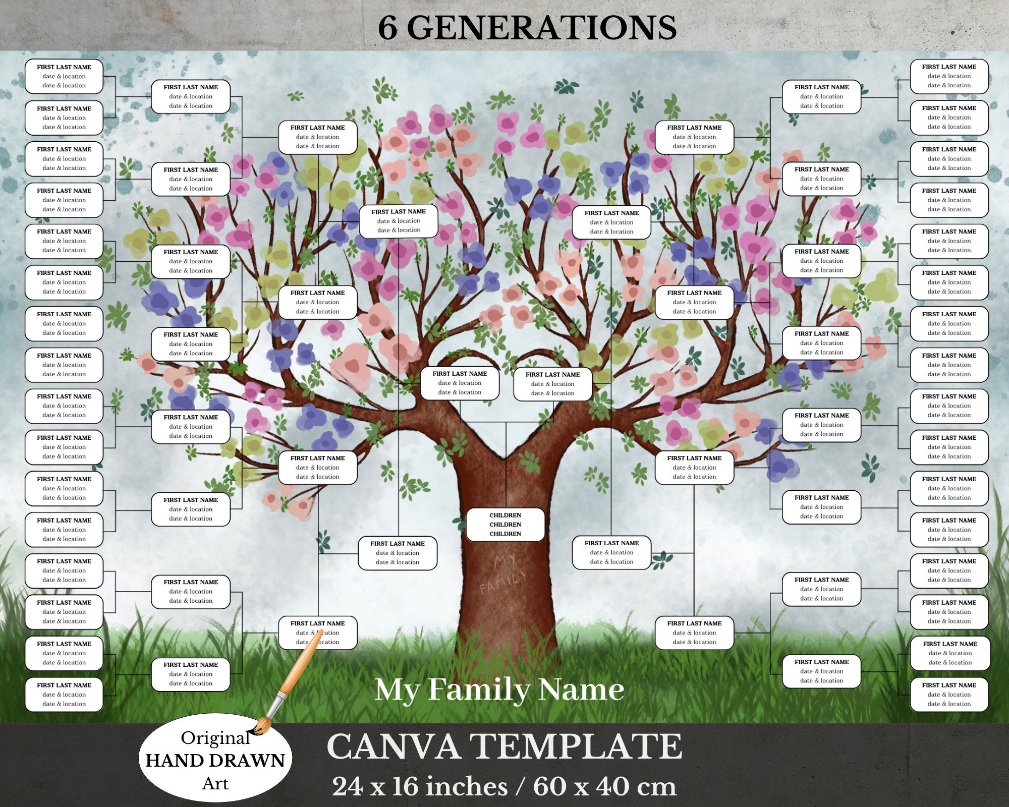 Hand Illustrated Family Tree 6 Generation Canva Template - Etsy