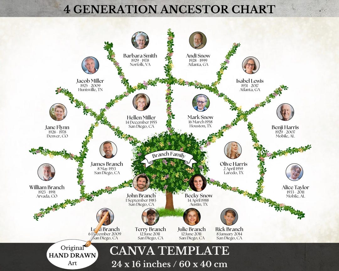Family Tree Fan Chart With Photos ~ 4 Generation Pedigree ~ DIY ...