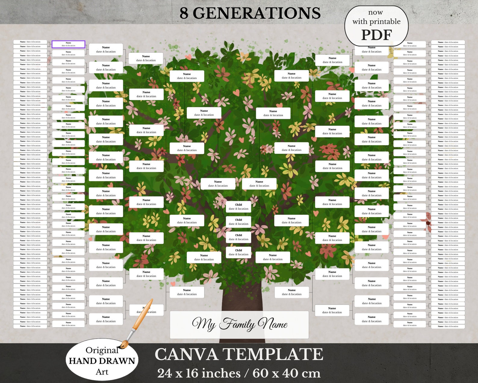 Large 8 Generation Family Tree Genealogy Chart Canva Template Ancestry ...