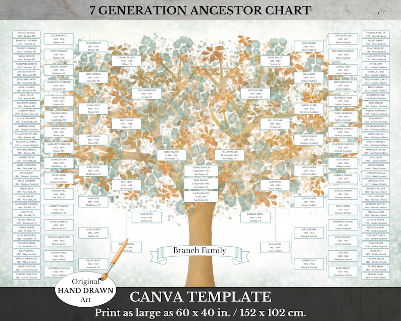 Family Tree Template ~ 7 Generation Ancestry Pedigree ~ Edit in Canva ...