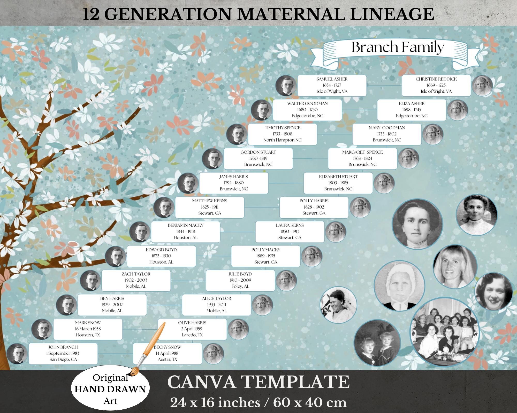 Maternal Family Tree Surname Chart ~ 12 Generation Pedigree ~ DAR SAR ...