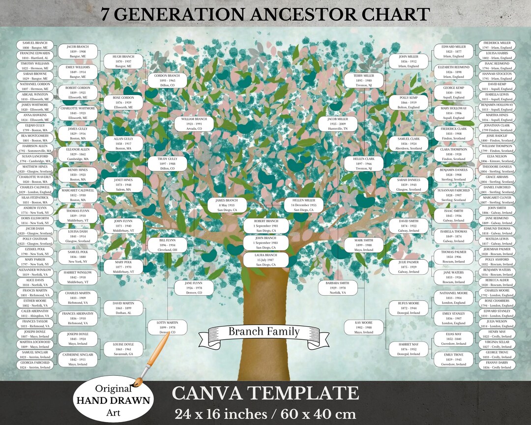 Genealogy Family Tree Chart ~ 7 Generation Poster ~ Canva Template ...