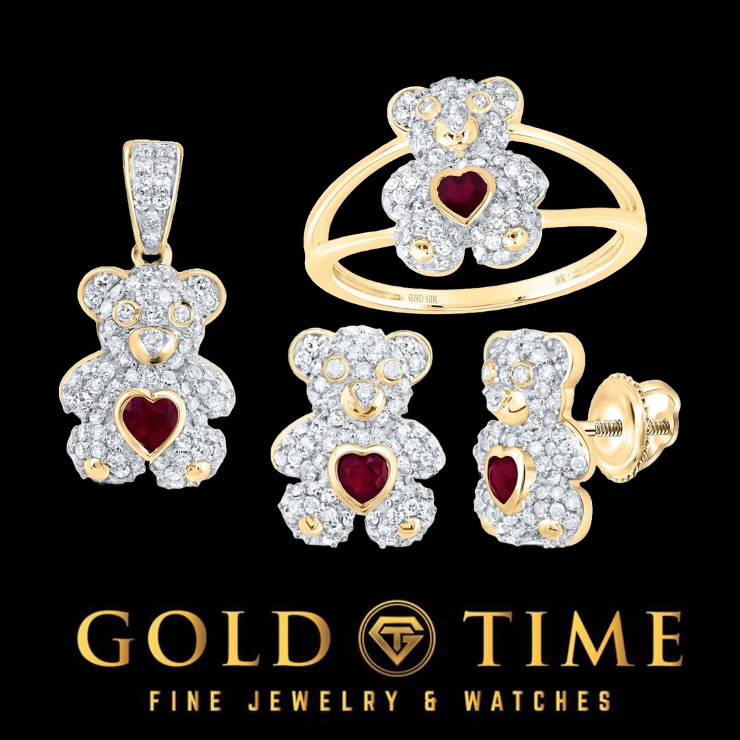 10k Yellow Gold, Diamond, Ruby Teddy Bear Jewelry Set – Pendant, Ring ...