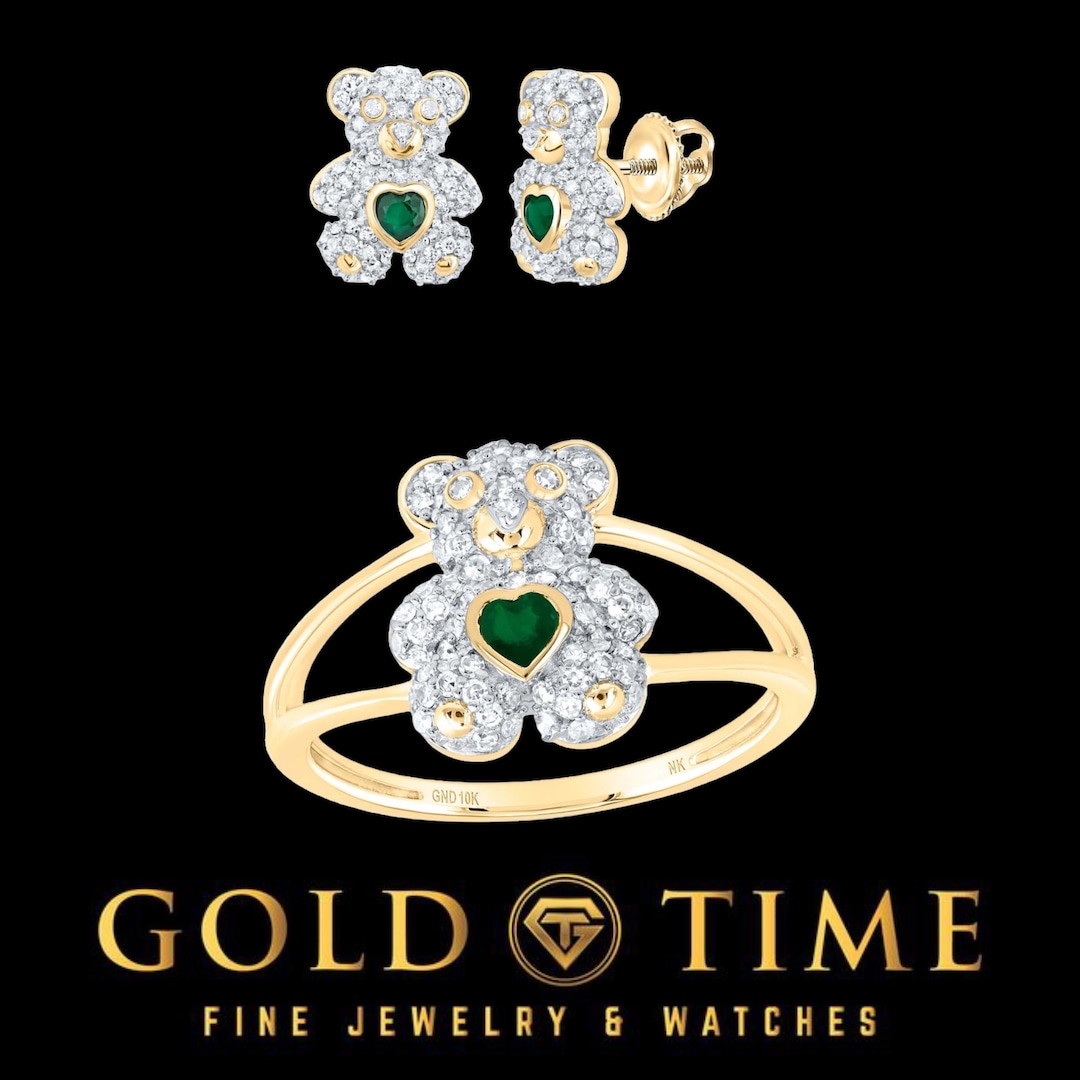 10k Gold Diamond and Emerald Teddy Bear Jewelry Set – Heart-shaped ...