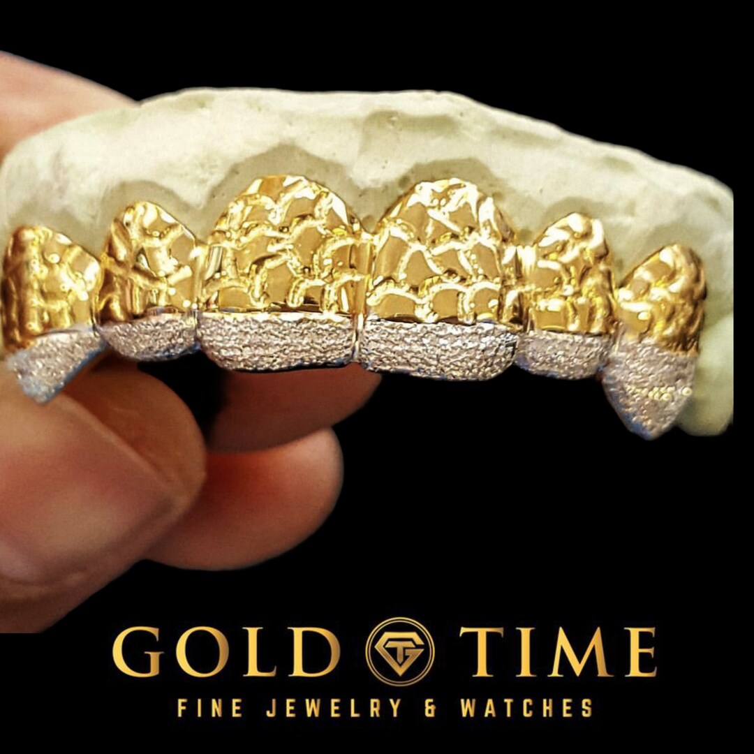 Custom Grillz Top/bottom/set Nugget With Diamond Dust Cut on Crown Tip ...