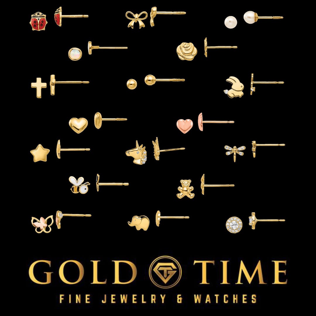 14K Yellow Gold Children’s Stud Earrings - Multiple Designs, Includes ...