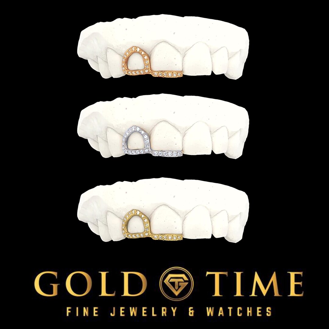 Custom Handmade Grillz Double Cap Fully Iced CZ Open Face Incisor With ...