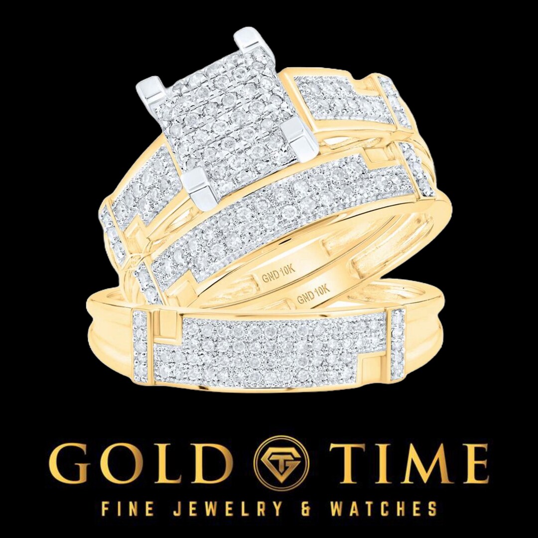 10K Yellow Gold Diamond Wedding Trio Ring Set 1/2 CTTW Natural Round ...