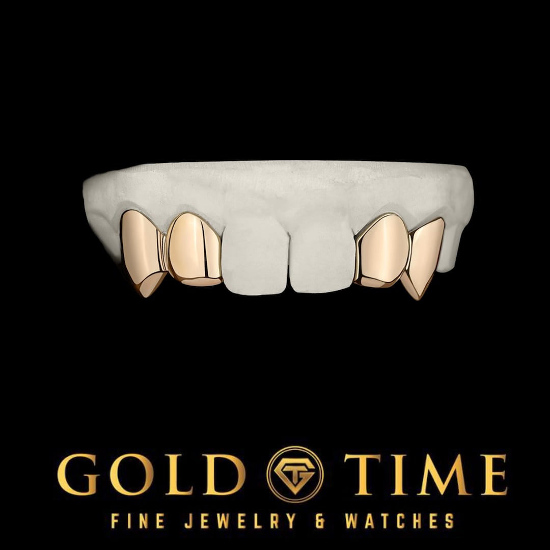 Custom 4 Piece Solid Incisor and Fang Grillz - Custom Fit Gold or Silver Grillz - Includes Mold ...