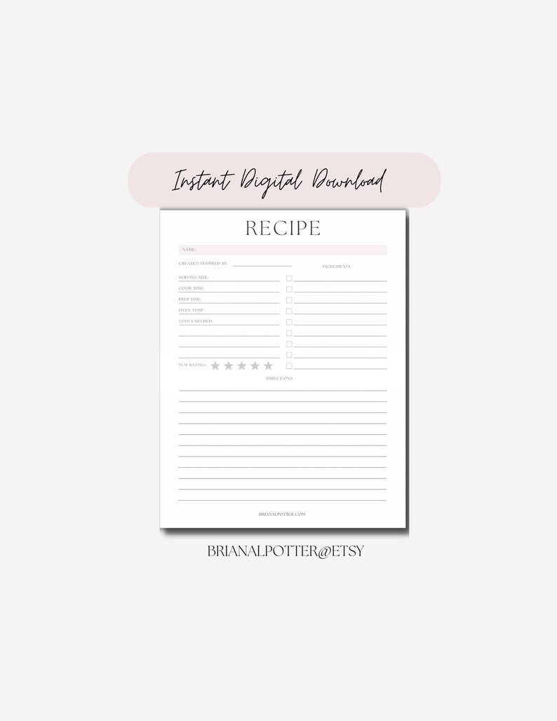 Printable Recipe Card, Recipe Template, Minimal Sheet Template, Recipe ...